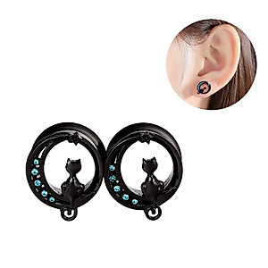 YOFANST Stainless Steel Black Cat on The Moon Ear Expander Piercing Tunnels Gauge 0g