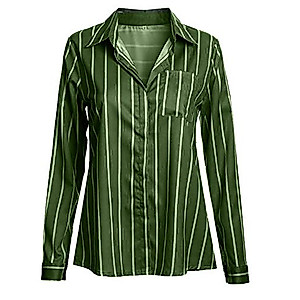 Andongnywell Women's Stripe Lapel Long Sleeve Shirts Tops Plain Front Pockets Turn Down Button Shirts (Green,3,Large)