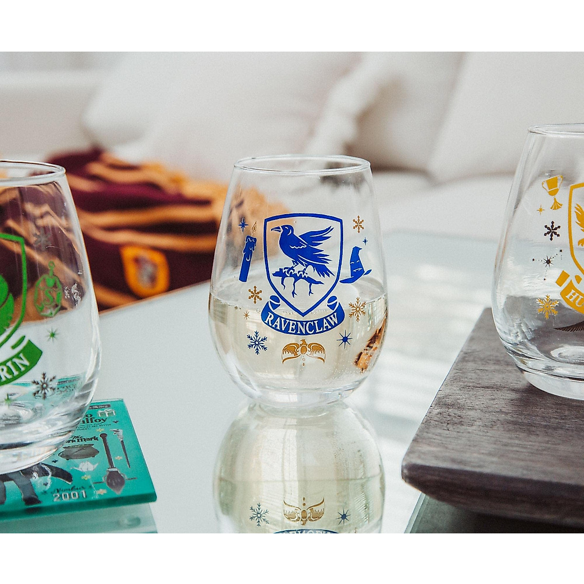 Silver Buffalo Harry Potter Hogwarts House Colors 12-Ounce Stemless Wine Glasses, Set of 4 | Holds 20 Ounces