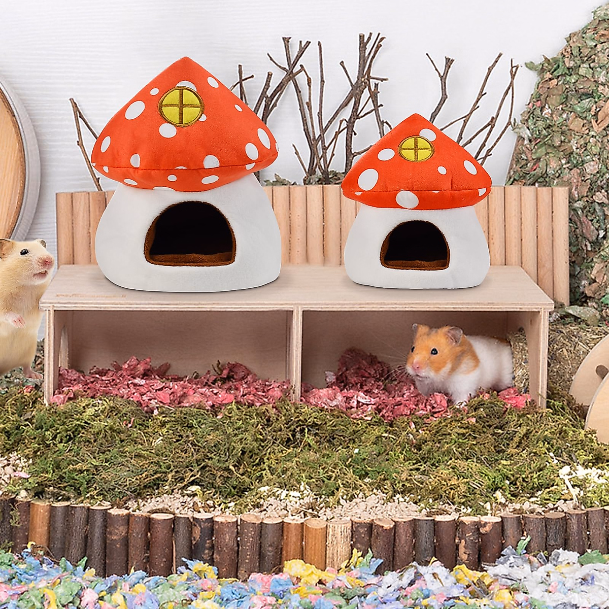 LyssKMK Cozy Mushroom House for Hamsters Soft Plush Tiger Shelter for Rat Small Guinea Pigs Cute Warm Bedding for Small Pets Cartoon Mushroom