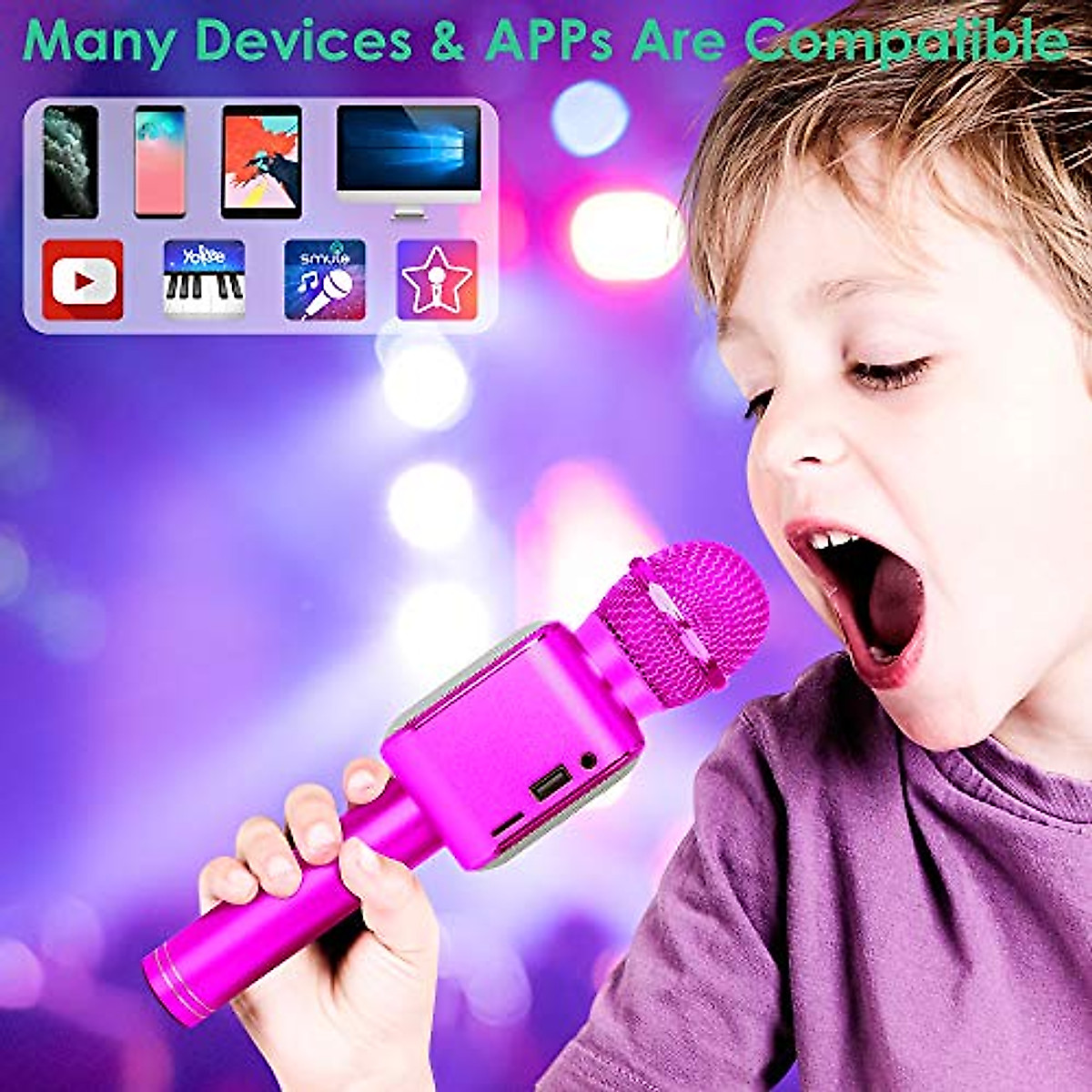KIDWILL Wireless Bluetooth Karaoke Microphone for Kids, 5-in-1 Portable Handheld Karaoke Mic Speaker Player Recorder with LED Lights for Kids Girls Boys Teens Birthday (1818-Hot Pink)