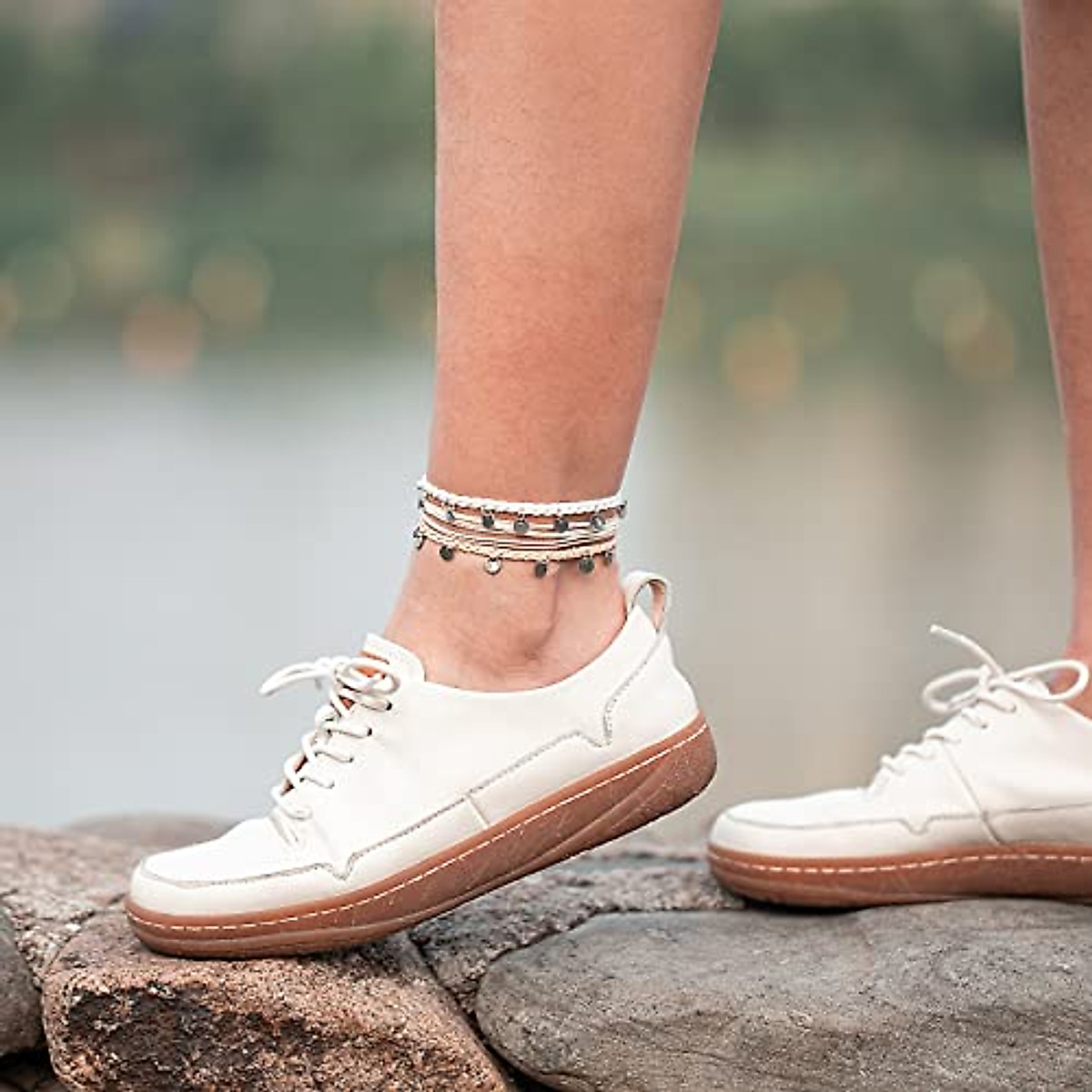 FANCY SHINY Boho Ankle Bracelets Waterproof String Anklets Braided Rope Anklet Beach Surfer Anklets Cute Coin Foot Jewelry for Women Teen Girls(White)
