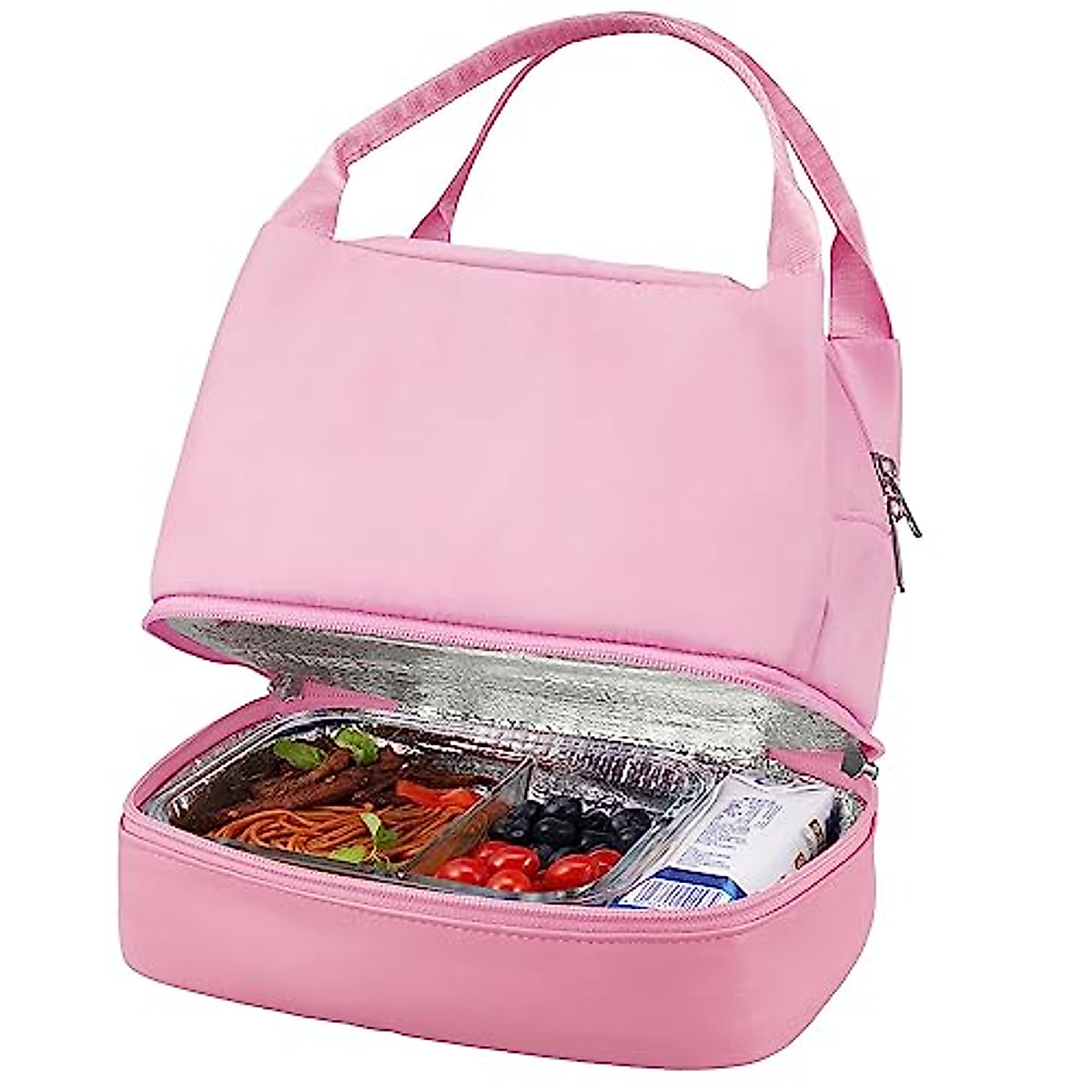 DiiCCi Pink Lunch Box Bag for Women,Double Deck Insulated Lunch Bags for Adult,Small Cute Lunch Bag Tote Bag for Work,Reusable Leakproof Lunch Cooler Bag for Travel Office Picnic Hiking