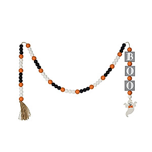 5ft Halloween Wooden Beaded Boo Ghost Garland with Tassels Multi Color Wood