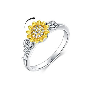PROESS Sunflower Fidget Ring for Women Girls You Are My Sunshine Statement Ring Sterling Silver Rose Sunflower Jewelry Size 6-8 (6#)