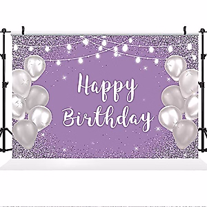 5×3ft Violet Purple Silver Happy Birthday Backdrop Girls Silver Balloon White Lights Girls 16th 20th 30th Birthday Party Banner Decorations Background Portrait Studio Props