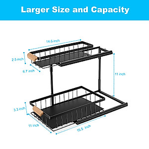 Under Sink Organizers, 2 Tier Pull Out Organizer and Storage, Upgraded Metal Storage Shelves with Sliding Basket, Cabinet or Countertop Organizer for Kitchen Bathroom (1 PC)
