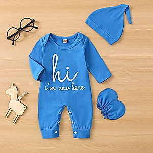 GRNSHTS Newborn Baby Boy Romper Coming Home Outfits Letter Print Bodysuit Jumpsuit+Hat+Gloves 3PCS Clothes Set (Royal Blue, Newborn)