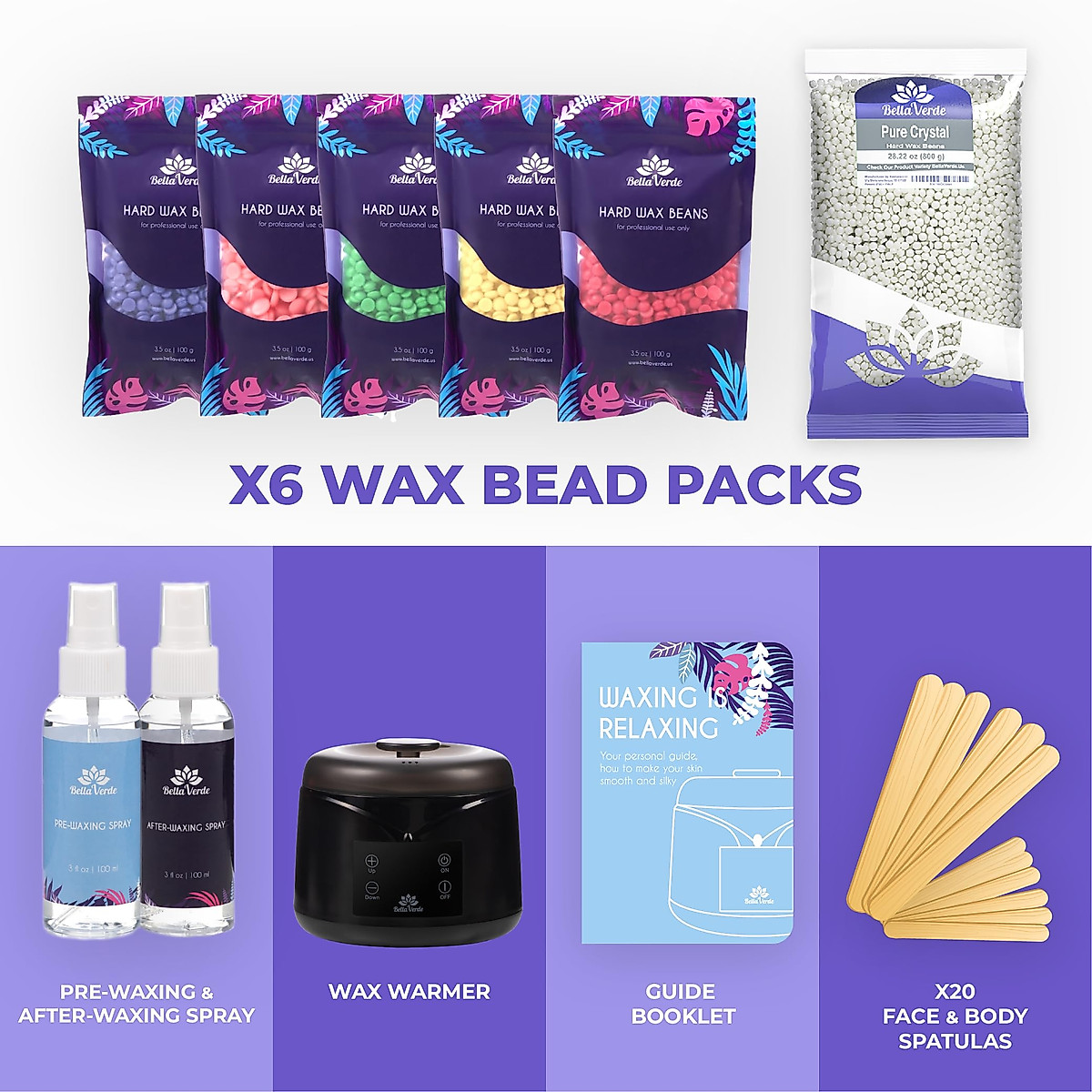 Bella Verde Wax Warmer Home Waxing Kit - Wax Kit for Hair Removal Wax Pot Professional with LED Display and 6 Bags Painless Hard Wax Beans, 20 Wax Sticks for Face, Legs, Arms, Bikini