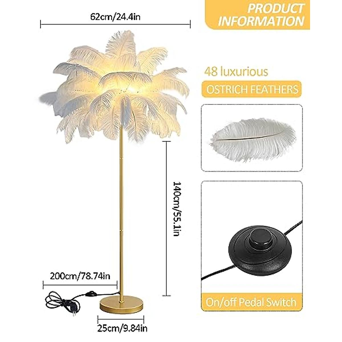 GOYQGLE Floor Lamp Gold,62.9in Ostrich Feather Floor Lamp with Foot Switch / 6-Light*G4,Golden Lamp Body with Plug in Wire,Bulb Included,Simple Modern Bedroom and Living Room