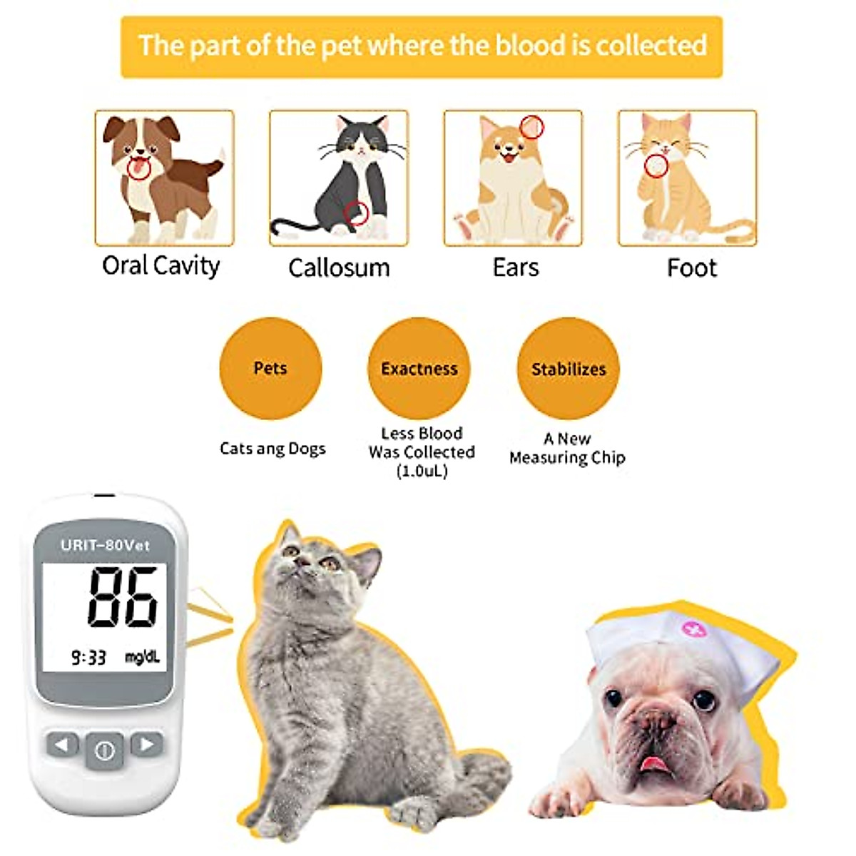 URIT Pet Blood Glucose Meter for Dog Cat with 50 Test Strips, Blood Suger Monitor Kit,Blood Glucose Monitoring System for Dog/Cat Diabetes.
