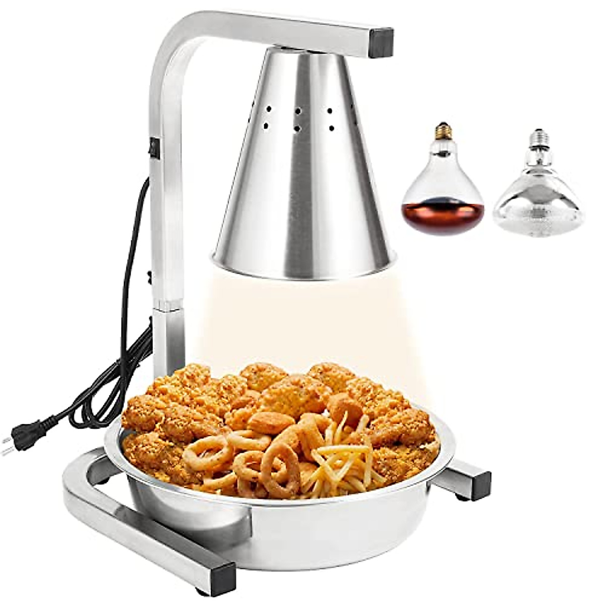 Restlrious Food Heat Lamp Freestanding Commercial Portable Food Warmer, Stainless Steel 120V Electric Food Heat Lamp with Red & Clear Bulbs and 1 Round Food Pan for Food Service, Fan-Shaped Lampshade