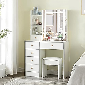 JBLCC Large Vanity Desk with Mirror and Lights, Vanity Table Makeup Vanity with Slidable Mirror 5 Drawers and Storage Shelves,Dressing Table Set 3 Lighting Color Adjustable (05LED)