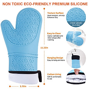 Obsoorth Heat Resistant Silicone Oven Mitts Waterproof Flexible Handle Hot Food Washable Blue Extra Long Anti-Slip Kitchen Glove for Baking Cooking BBQ, 1Pair