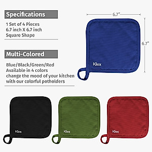 KLEX 4pcs 100% Thick Cotton Potholders for Oven Cooking and Baking, Durable 330GSM Hot Pads, Up to 482°F Degrees Heat Resistance Pot Holder, Heavy-Duty Cotton Canvas, Black