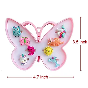 ELEMIRSA 8pcs Little Girl Jewel Rings Adjustable Costume Princess Pretend Play and Dress Up Rings for Girl Toddlers Teens Children's Jewelry Set Toy Butterfly Box