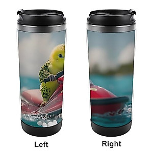 Cute Budgie on Motorboat Travel Coffee Mug Reusable Insulated Drinking Cup with Lid for Home Outdoor Works 13 Oz