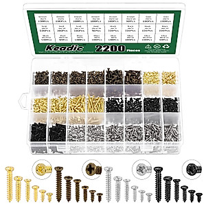 Keadic 2200 Pcs 4 Color Small Self Tapping Screws Assortment Kit, M2*5/6/8/10mm M2.6 * 12/16mm Self-Drilling Flat Cross Head Mini Wood Screw with Plastic Case (Black, Bronze, Silver, Gold)