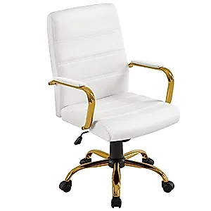 Yaheetech Mid-Back Office Chair PU Leather Desk Chair Adjustable Executive Task Chair w/Lumber Support Gold Leg White Seat