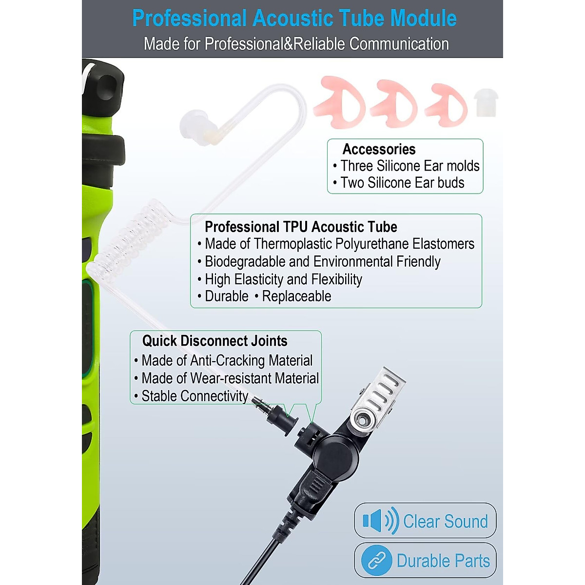 commountain Clear Acoustic Tube for Two Way Radio Earpieces and Headset; Skin Friendly&UV Resistant TPU Coil Tube; Compatible with Motorola Earpieces, Commountain Earpiece and More; Fit for Left Ear