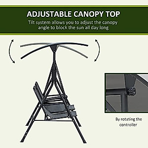 Outsunny 2-Seat Patio Swing Chair, Outdoor Canopy Swing Glider with Pivot Storage Table, Cup Holder, Adjustable Shade, Bungie Seat Suspension and Weather Resistant Steel Frame, Grey