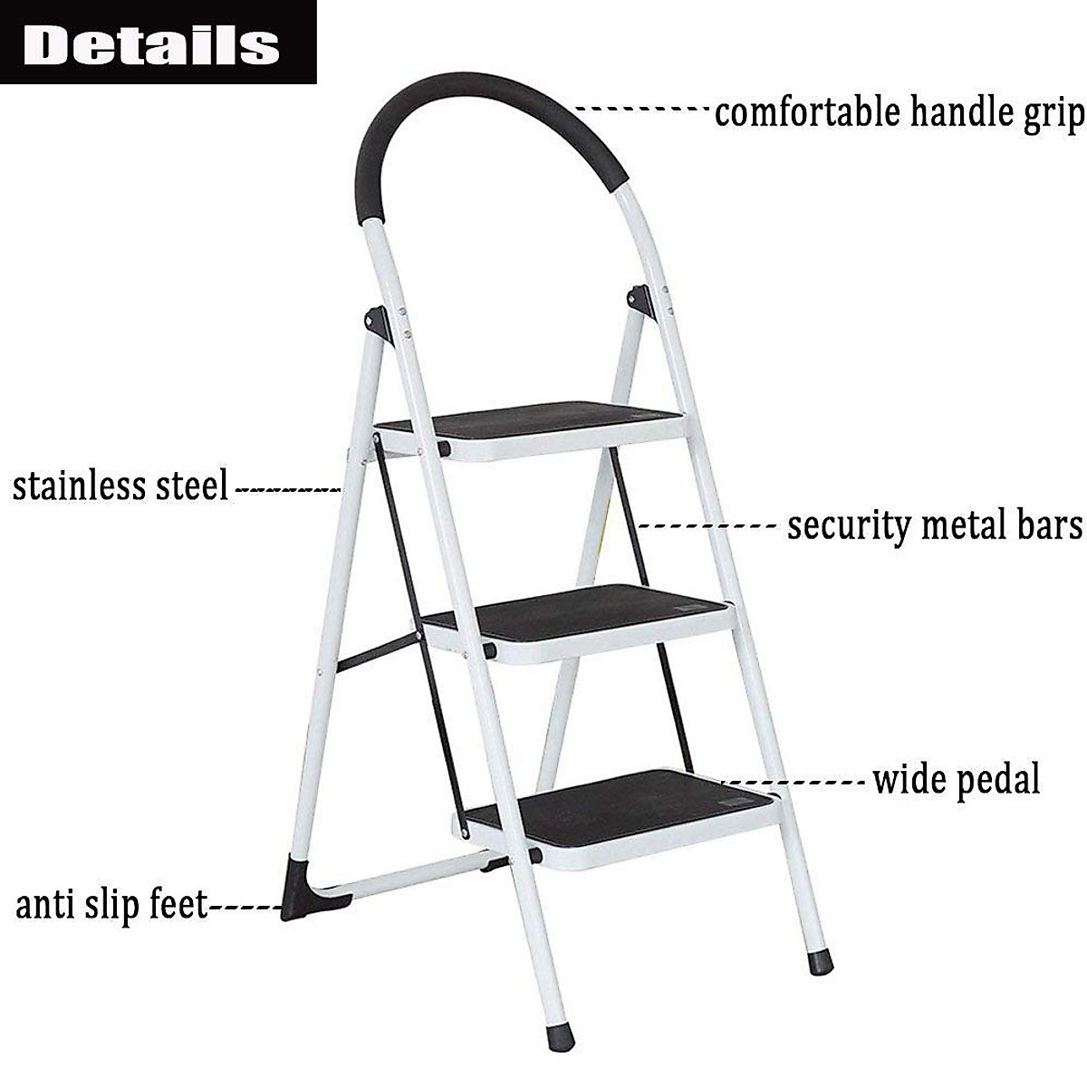 KARMAS PRODUCT Folding 3 Step Ladder Portable Steel Step Stool Wide Platform with Handgrip for Kitchen Home 330lb Capacity