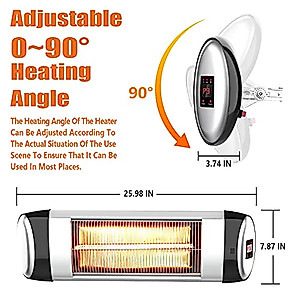 PATIOBOSS Electric Patio Heater, 1500W Wall-Mounted Outdoor Infrared Heat Lamp w/ Remote Control, Quiet for Indoor/Outdoor Use w/ 3 Heating Levels, LED Display, 24H Timer, Waterproof IP34