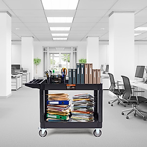 VEVOR Utility Service Cart, 2 Shelf 550LBS Heavy Duty Plastic Rolling Utility Cart with 360° Swivel Wheels (2 with Brakes), Large Lipped Shelf, Ergonomic Storage Handle for Warehouse/Garage/Cleaning