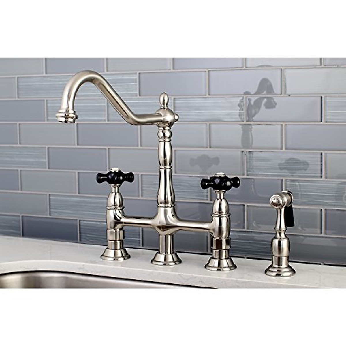 Kingston Brass KS1278PKXBS Duchess 8 inch Centerset Kitchen Faucet with Brass Sprayer, 8-3/4 inch In Spout Reach, Brushed Nickel