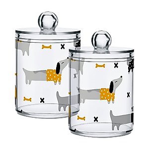 WELLDAY Apothecary Jars Bathroom Storage Organizer with Lid - 14 oz Qtip Holder Storage Canister, Cute Dogs Dachshunds Clear Plastic Jar for Cotton Swab, Cotton Ball, Floss Picks, Makeup Sponges,Hair
