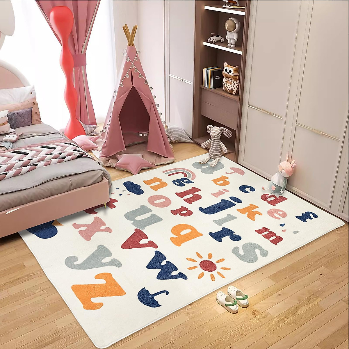 ABREEZE Play Mat, Faux Wool Kids Play Area Rugs 4' x 5.3' Non-Slip Childrens Carpet ABC Number Educational Learning & Game Decor Living Room Bedroom Playroom Nursery Best Shower Gift