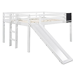 Harper & Bright Designs Full Loft Bed with Slide, Wood Low Loft Bed with Chalkboard, Ladder, Guardrail, Kids Loft Bed Frame for Boys & Girls (Full, White)