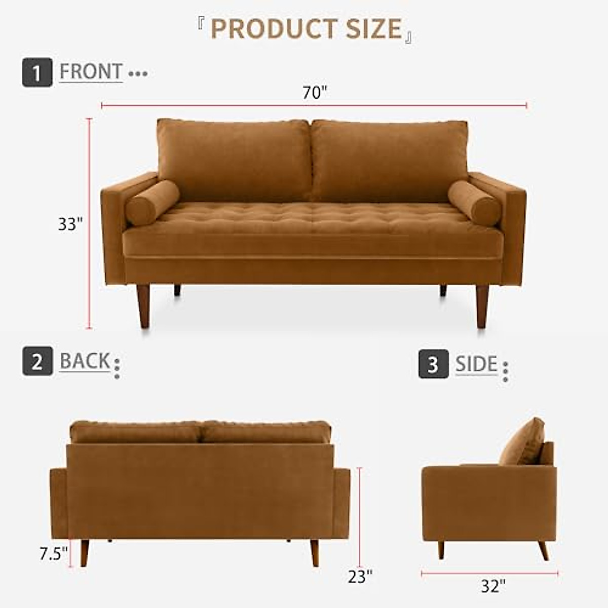 SILKIR Velvet Furniture for Small Spaces, Mid-Century Modern Loveseats for Living Room, Love Seat Couch Sofas, 70 Inches, Ginger