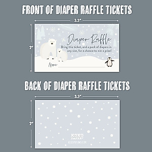 Koko Paper Co Snowy Winter Wonderland Baby Shower Invitations and Diaper Raffle Tickets | 25 Fill-in Invitations, 25 Bright White Envelopes and 25 Diaper Raffle Tickets | 75 pcs Total | Printed on Heavy Card Stock.