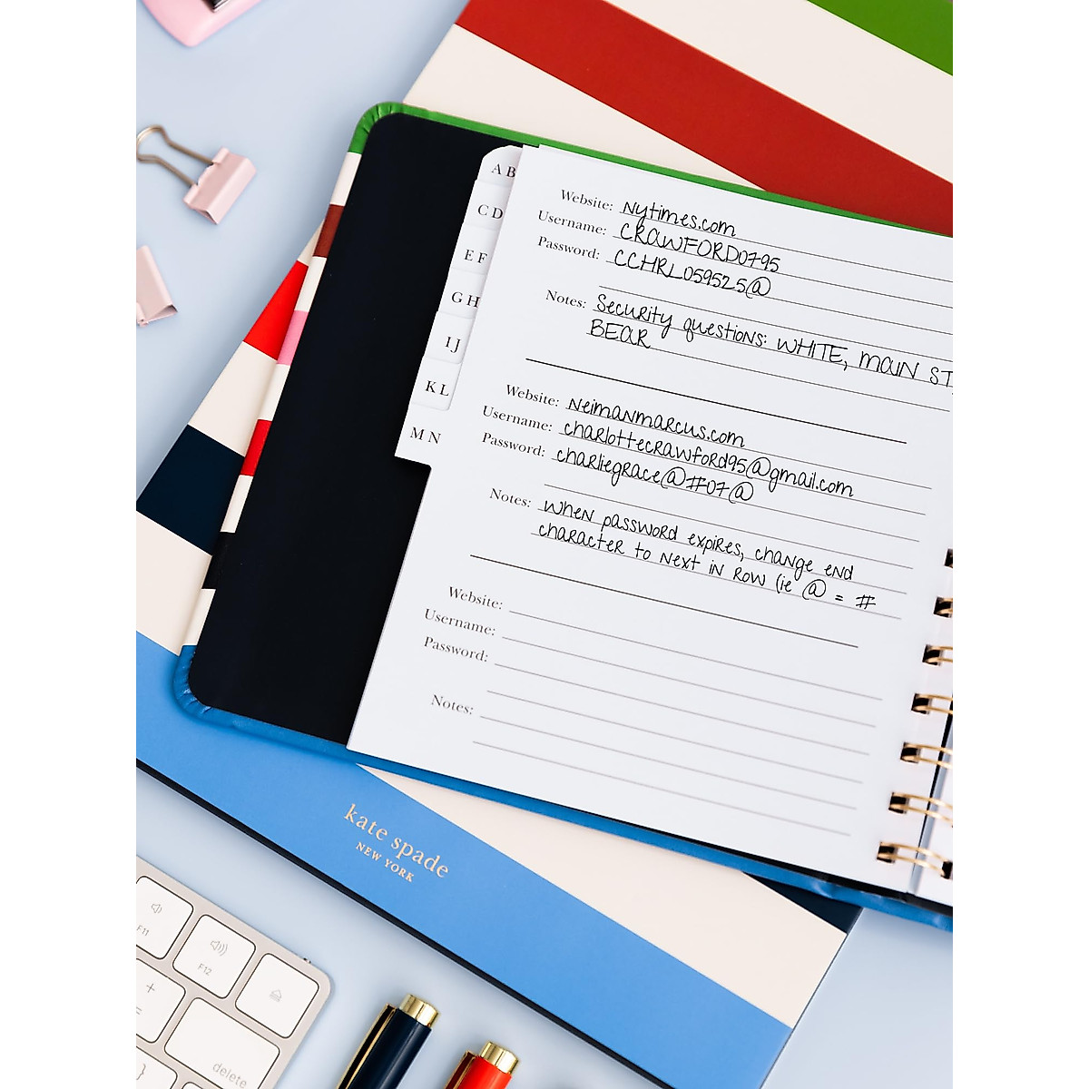 Kate Spade New York Password Book with Tabs, 170 Page Password Journal, Spiral Password Book with Leatherette Hardcover, Adventure Stripe