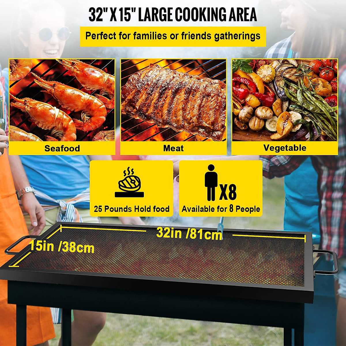 VEVOR Rectangle Fire Pit Grate,32-inch Fire Pit Grill Grate, X-Marks Rectangle Grill Grate, Black Steel Fire Grate, Fire Pit Cooking Grate with Handles, Fire Grill Grate for Fire Pit, Campfire