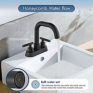 Cinwiny Matte Black 4 inch centerset Bathroom Faucet Two Handle Vanity Faucet Swivel Spout 360 Degree Deck Mounted Mixer Tap with Pop-up Stopper Water Supply Hoses