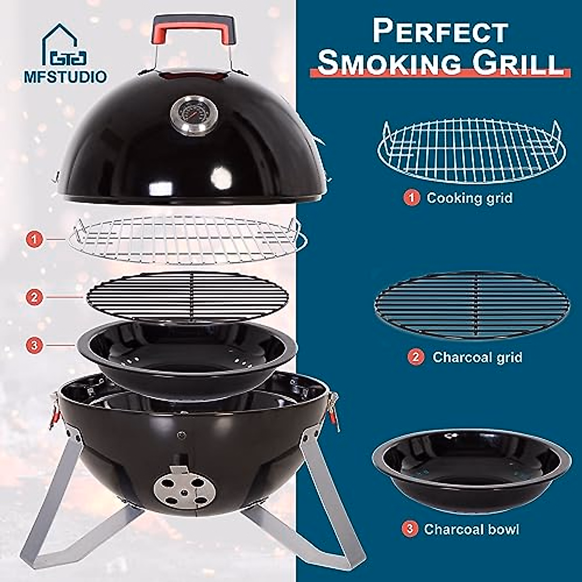 MFSTUDIO 18" Vertical Smoker and BBQ Grill, Pure Porcelain-Enameled Smokey Mountain Cooker, Heavy Duty Charcoal & Woods Outdoor Grill for Smoker, Black