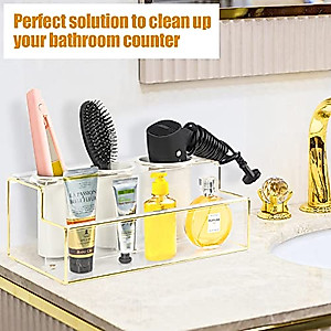 J JACKCUBE DESIGN Hair Dryer Holder Organizer Hair Tool Styling Storage Countertop Gold Clear Acrylic Bath Supplies Blow Dryer Flat Iron Tray Stand, Bathroom Vanity Caddy with 3 Cups- MK1026A