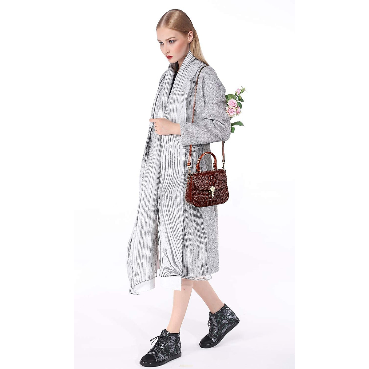 PIJUSHI Designer Genuine Leather Top Handle Satchel Handbag Bundle with Crocodile Leather Wristlet Wallet