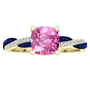 Dazzlingrock Collection 6mm Cushion Lab Created Pink Sapphire with Round Blue Sapphire & Diamond Women Engagement Ring, 10K Solid Yellow Gold, Size 8.5