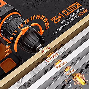 Drill Set, V VONTOX 20V Cordless Drill with 2 Batteries 2.0AH & Fast Charger, Home Power Drill 3/8" Keyless Chuck, 370 In-lb Torque, 2 Speed, 25+1 Position, 24pcs Drill for DIY