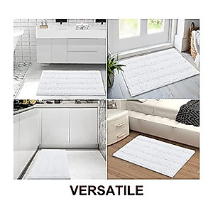 Grandaily Chenille Striped Bathroom Rug Mat, Extra Thick and Absorbent Bath Rugs, Non-Slip Soft Plush Shaggy Bath Carpet, Machine Wash Dry, Bath Mats for Tub, Shower and Bath Room, 24x16, White