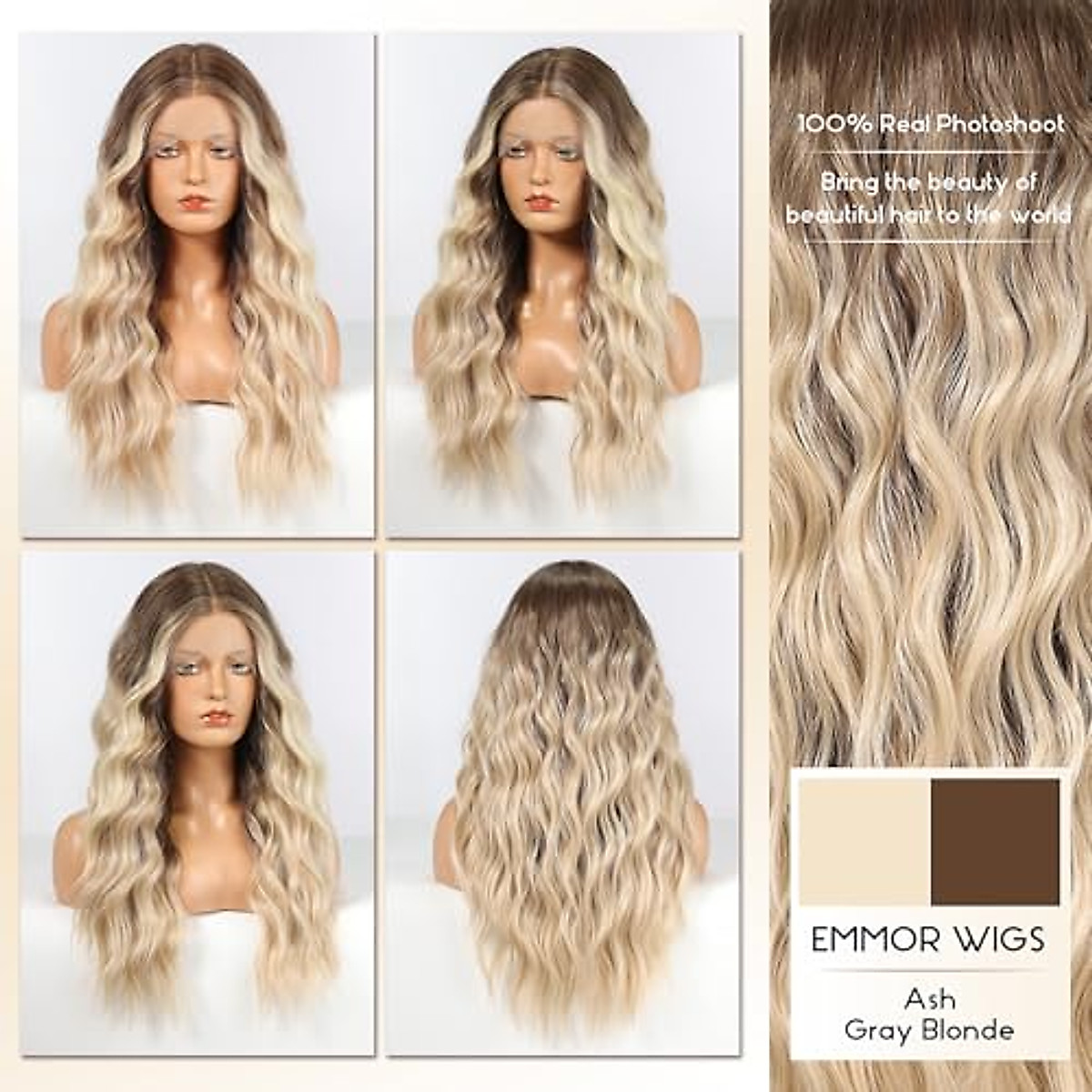 EMMOR Long Ombre Blonde Lace Front Wig for Women,25 Inch Natural Wavy Daily Hair Synthetic Lace Wigs Middle Part,Hand Tied/Longlife/Lightweight