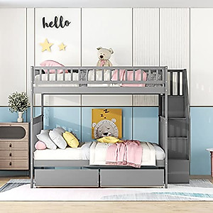 CITYLIGHT Full Over Full Bunk Beds with Stairs,Wood Full Bunk Beds with 2 Storage Drawers, Bunk Bed Full Over Full Size for Kids,Teens, Adults, No Box Spring Needed, Grey