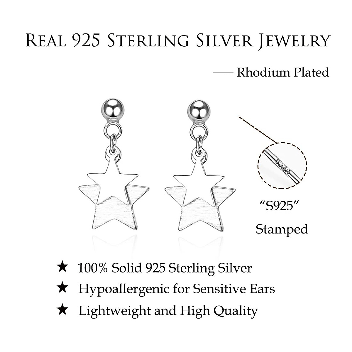 Reffeer Solid 925 Sterling Silver Double Star Stud Earrings for Women Small Star Stud Earrings Drops (A-Silver)