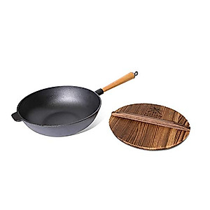 Kasian House Cast Iron Wok with Wooden Handle and Lid, Pre-Seasoned, 12" Diameter Chinese Wok with Flat Bottom, Heavy Duty Stir Fry Pan