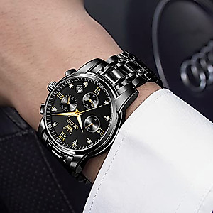 OLEVS Men Watches with Date Bussiness Watches for Male Luminous Quartz Mens Watches Waterproof with Stainless Steel Strap Stopwatch Timing Function (Black Band Black dial)