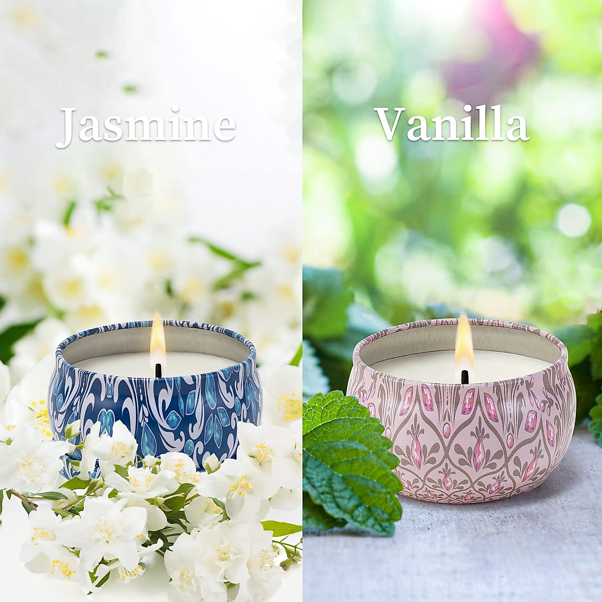 Scented Candles 2 Pack 2.5 oz Aromatherapy Jasmine and Vanilla Candles Set, Stress Relief Candles Gifts for Women, 12 Hour Burn Time, Portable Home Tin Jar Candles for Travel, Spa, Bath