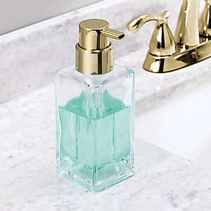 mDesign Modern Square Glass Refillable Foaming Hand Soap Dispenser Pump Bottle for Bathroom Vanities or Kitchen Sink, Countertops - Clear/Soft Brass
